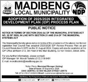 PUBLICATION OF THE 2024 – 05 IDP PROCESS PLAN – Madibeng Municipality